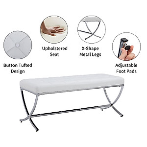 Shunzhi Modern Entryway Bench Modern Faux Leather Dining Bench Upholstered End of Bed Bench Button Tufted Ottoman Stool Bench Waiting Room Bench with Metal Legs for Living Room/Bedroom, White