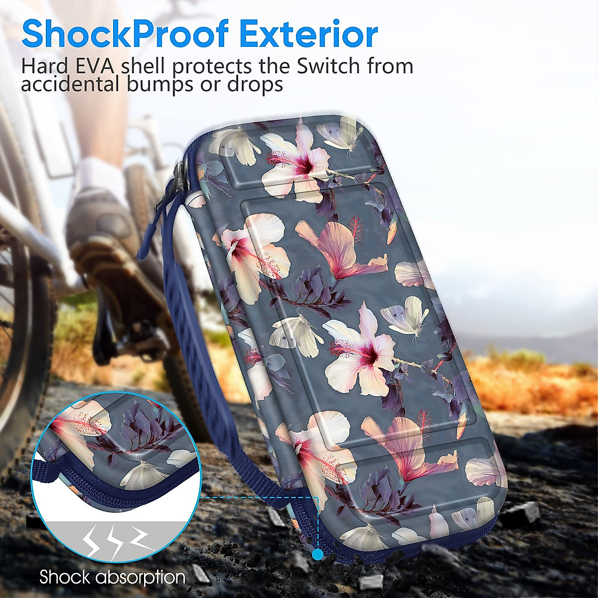 Fintie Carrying Case for Nintendo Switch OLED Model 2021/Switch 2017, [Shockproof] Hard Shell Protective Cover Travel Bag with 10 Game Card Slots & Inner Pocket, Hibiscus