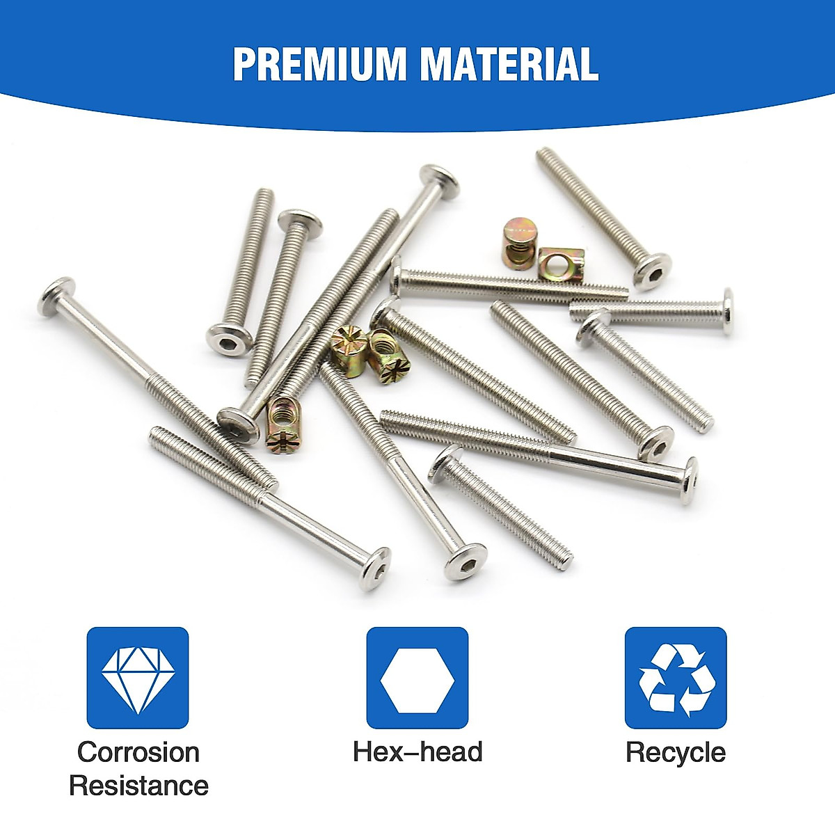 Socell 61pcs Crib Bunk Bed Furniture Hardware Replacement Kit, Stainless Steel Hex Drive Socket Cap Furniture Barrel Screws Bolt Nuts Assortment Kit for Crib Screws with 1 Wrenches(M6x12mm-75mm)