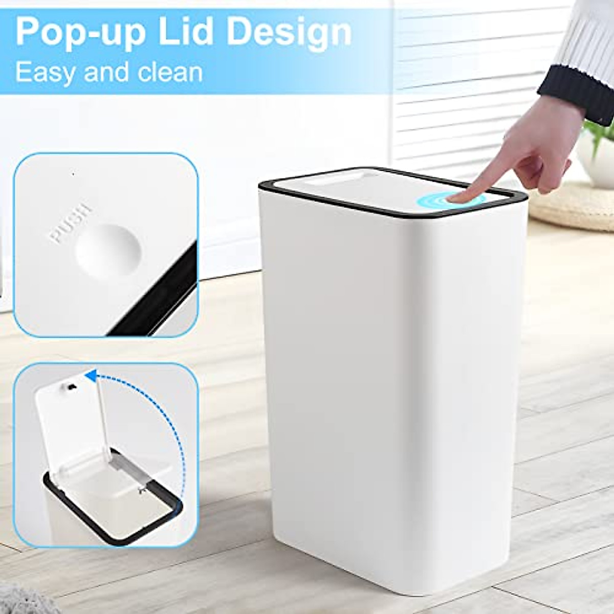 Anzoymx Bathroom Trash Cans with Lids 2 Pack Kitchen Garbage Can 4 Gallons with Pop Up Lid,Small Narrow Waste Basket Dog Proof for Bathroom Kitchen Bedroom Living Room and Office(15L,White)