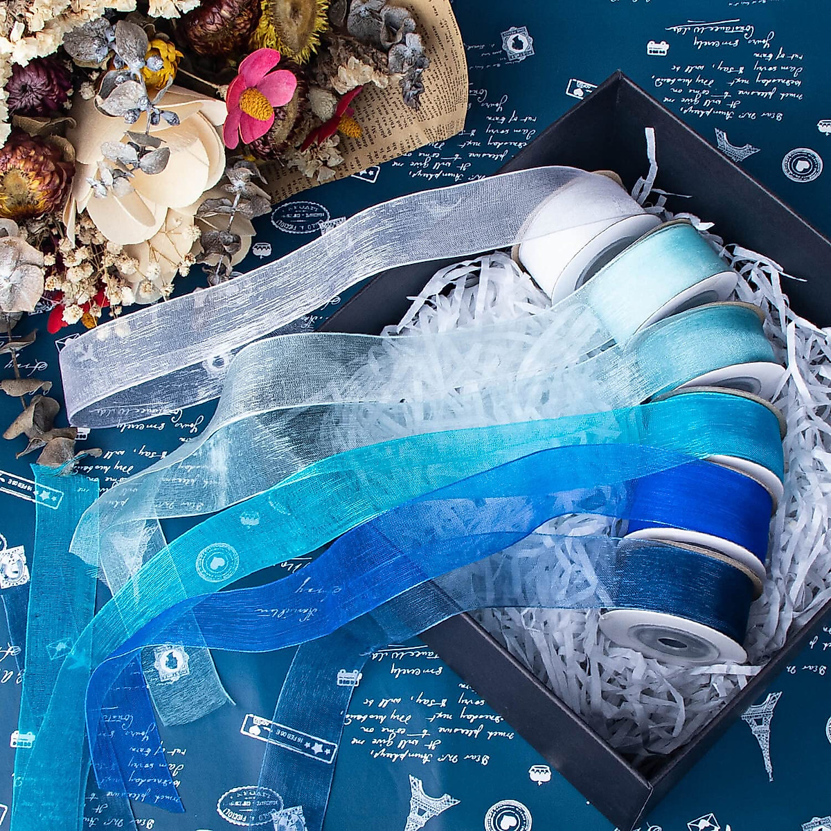 SOFIRE 6 Roll 1 Inch Wide Blue Organza Ribbon Christmas Ribbon Sheer Chiffon Ribbon for Gift Wrapping(Blue)