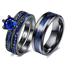 LOVERSRING Couple Ring Bridal Sets His Hers 10k Black Gold Filled Blue Cz Stainless Steel Wedding Ring Band Set