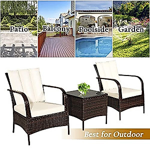 Tangkula 3 Piece Patio Furniture Set, 2 Wicker Chairs with Glass Top Coffee Table, Outdoor Garden Porch Poolside Furniture Set for 2, Rattan Conversation Set (Cream)