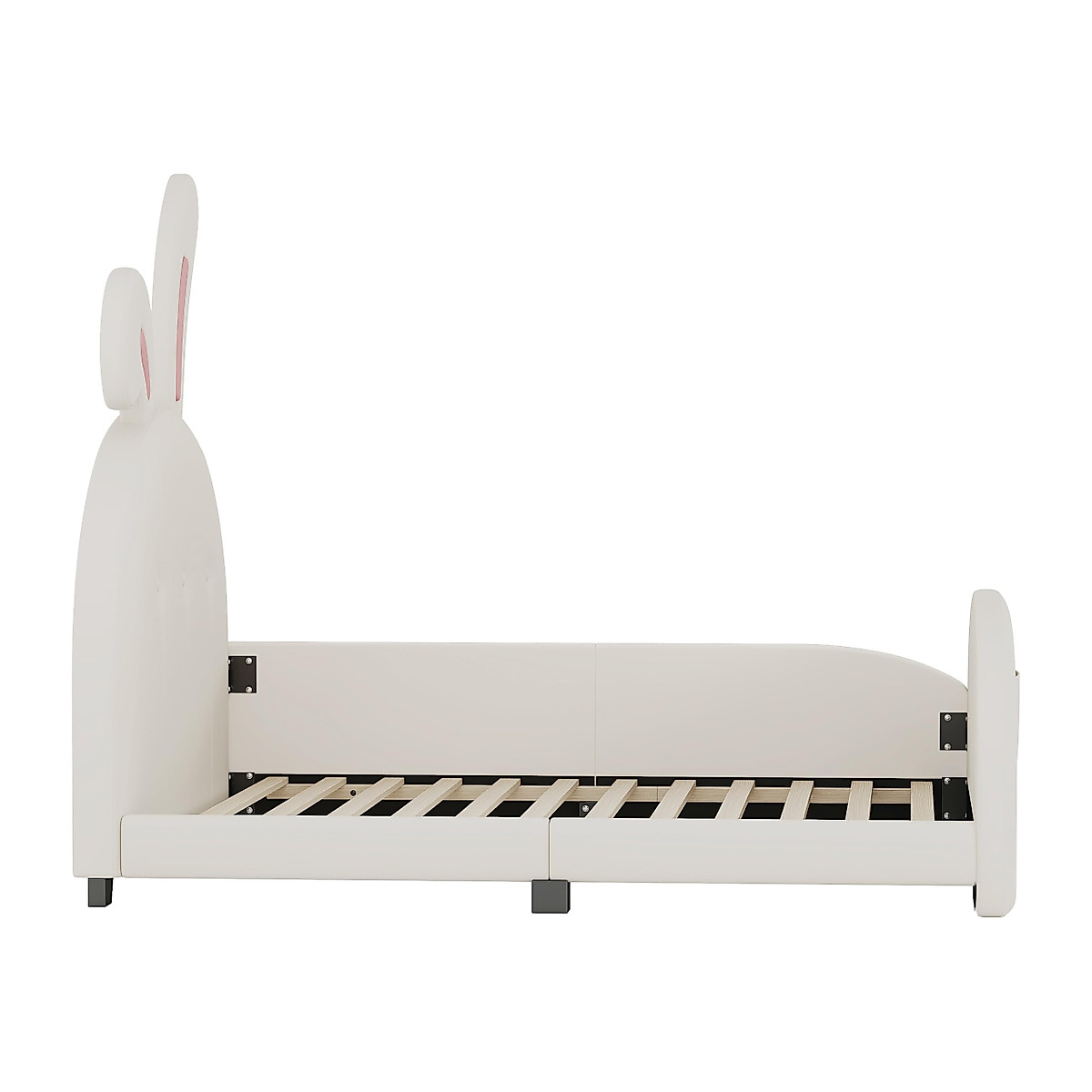 BEDGJH Twin Size Upholstered Rabbit-Shape Princess Bed, Wood Twin Size Platform Bed Frame with Headboard and Footboard for Kids Teens Girls Boys, Fun Design & Easy Assembly (White)
