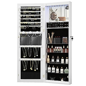 Hzuaneri 8 LEDs Jewelry Cabinet Armoire, 42.7" Tall Frameless Mirror Jewelry Organizer, lockable Wall/Door Mounted Makeup Jewelry Storage with Mirror, 4 Shelves, White and Black JC10803B
