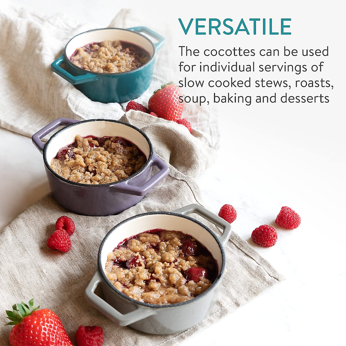 Navaris Cast Iron Round Cocottes (Set of 4) - 4.1" Mini Cocotte Dutch Oven Dishes with Enamel Coat, 9.8 oz - Teal/Violet/Green/Grey