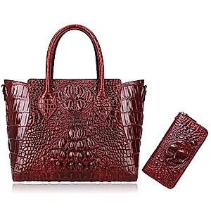PIJUSHI Embossed Crocodile Handbags for Ladies Designer Purses Top Handle Shoulder Bag Bundle with Wristlet Wallet For Women Crocodile Leather Wallet Ladies Clutch Purses