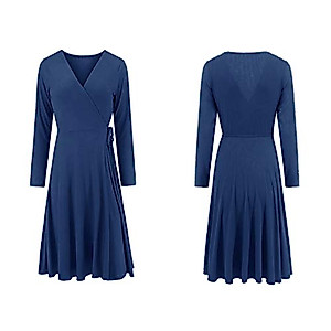 R.Vivimos Women Spring Autumn Long Sleeve Sweater Knitted Slim Elastic V Neck Sexy Midi Wrap Dresses （Large, Navy Blue）