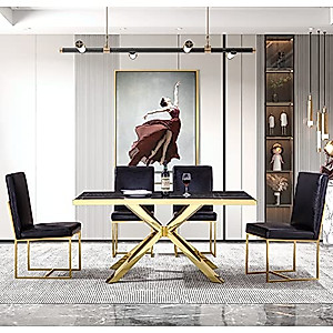 AZhome 63 inches Rectangular Dining Table, Modern Dining Room Table with Gold Stainless Steel Metal X-Base in Black Gold
