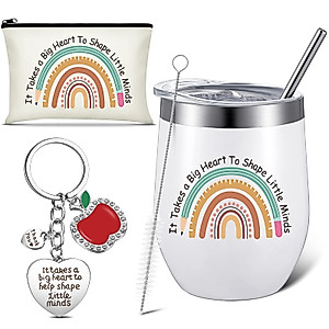 SEEWEY 3 Pieces Back to School Teacher Gifts Teacher Appreciation Gifts 12 oz Teacher Wine Stainless Steel Tumbler Makeup Bag Keychain Insulated Coffee Tumbler Canvas Cosmetic Bags Thank You Gifts