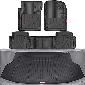 Motor Trend FlexTough Advanced Black Rubber Floor Mats with Cargo Liner Full Set - Front & Rear Combo Trim to Fit for Cars Van SUV, All Weather