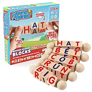 Creative Kids Wooden Reading Blocks - Set of 5 Spinning Alphabet Blocks w/Easy-Grip Handles - Kindergarten Preschool Learning Activities Letter Work - Wooden Montessori Toys Gifts for Kids Toddlers