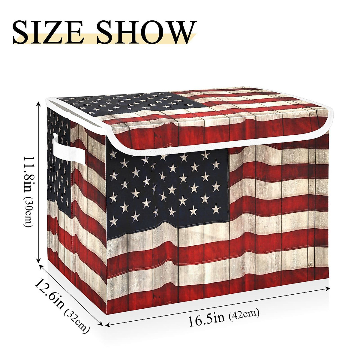 Gredecor Large Storage Basket Bins with Lid American Flag Wooden Pattern Storage Boxes Organizer with Handle 16.5"x12.6"x11.8" Collapsible Storage Cube for Toys Bedroom Nursery Home
