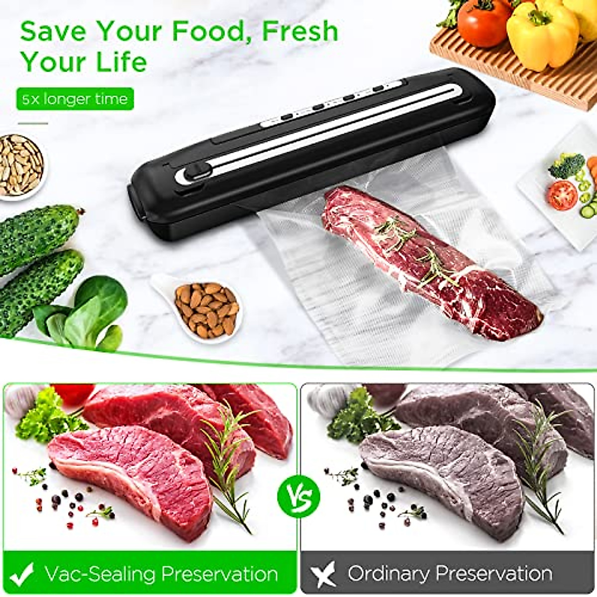 Vacuum Sealer Food Vacuum Sealer Machine with Built-in Cutter，One-Touch Automatic Food Sealer with External Vacuum System for Storage Both Dry and Moist Foods, Vacuum Bags Included