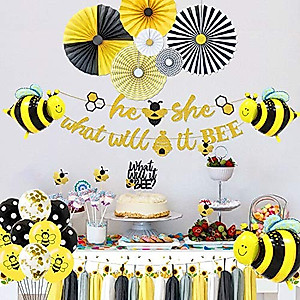 NAIWOXI What Will It Bee Gender Reveal Party Supplies - Bumble Bee Gender Reveal Decorations for Kids Baby Shower, Banner, Table Cloth, Sash, Paper Fans, Cake Topper, Balloons, for Baby Reveal Party