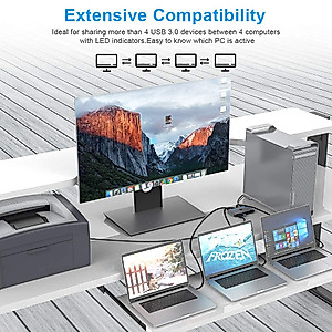 USB 3.0 Switcher Selector 4 Computers Sharing 4 USB Devices Aluminum KVM Switch Hub Adapter for Mouse Keyboard Scanner Printer PC, KVM Console Box with One Button Swapping and 4 Pack USB Cable