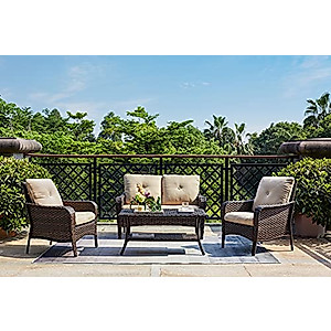 Rilyson Patio Conversation Set, 4 Piece Outdoor Patio PE Rattan Wicker Sofa Furniture Set, Deep Seating Couch Chairs and Coffee Table for Backyard Porch Lawn Garden