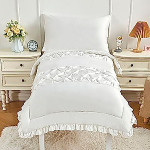 Toddler Bedding Set for Girls 4 Piece white Pinch Pleated Ruffle Fringe Pintuck Toddler Bed Comforter Sheet Set for Kids Bed-in-a-Bag Quilt Crib Set with Comforter,Flat Sheet,Fitted Sheet,Pillowcase