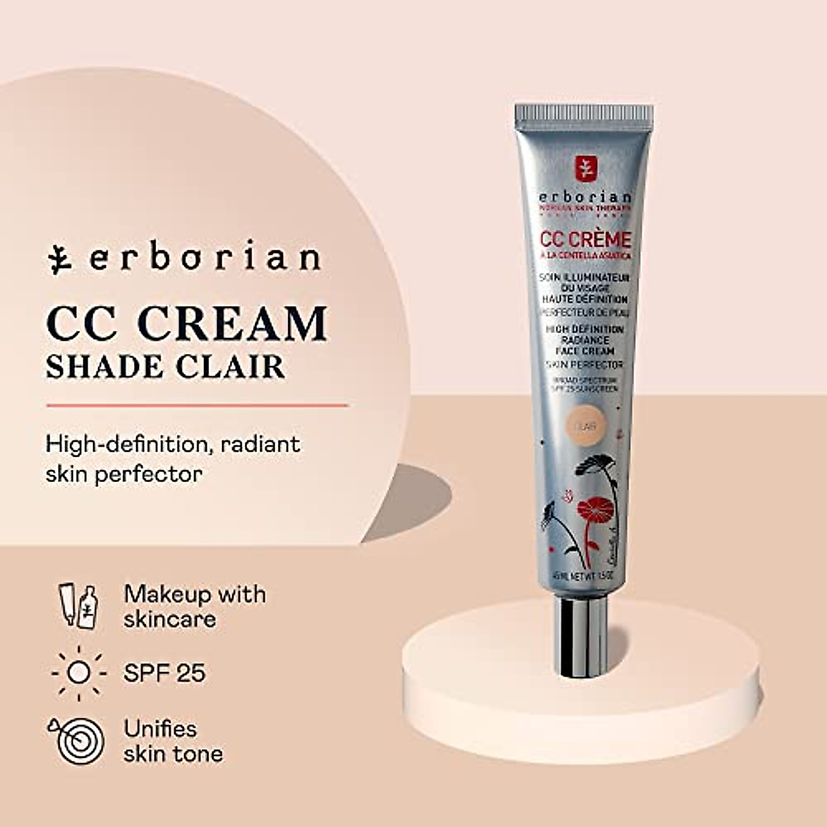 Erborian Color Correcting CC Cream with Centella Asiatica, Fair (Clair) - Light Multi-Purpose Facial Concealer with Illuminating Finish Soothes & Hydrates - SPF Korean Skincare Skin Perfector - 1.5 Oz