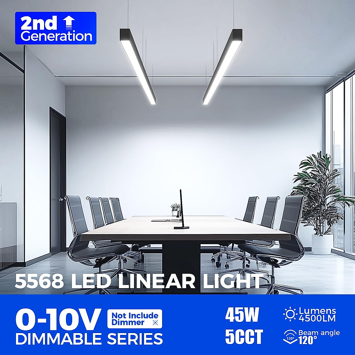 Barrina 4FT LED Linear Light 5568-0-10V Series, 2nd-Generation, Dimmable 45W 4500LM (Dimmer Not Included), Seamless Connection, 3000K-6000K Color Changing, Linkable Office Lighting, Black, 4 Packs