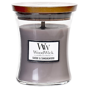 WoodWick Suede & Sandalwood Scented Hourglass Crackling Wooden Wick Candle in Clear Glass Jar, Medium - 9.7 Oz