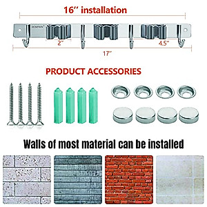 Broom Mop Holder Wall Mount 16" Installation Broom Mop Hanger Organizer Stainless Steel 3 Racks 4 Hooks for Bathroom Kitchen Office Closet Garden