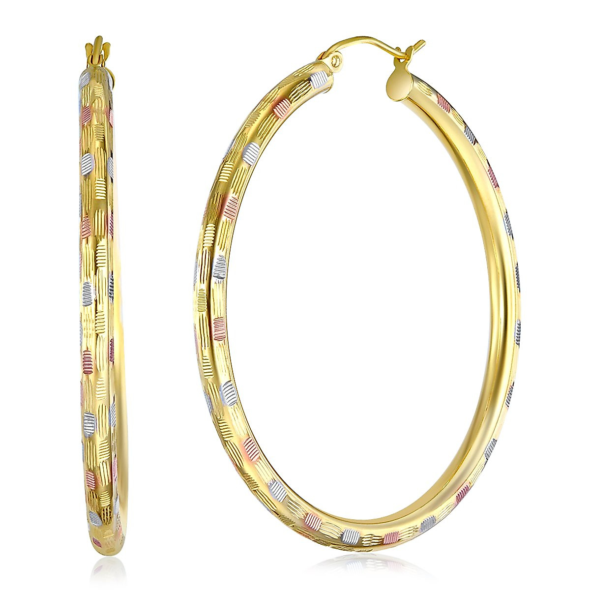 14k REAL Tri Color Gold 3mm Thickness Hinged Diamond Cut Hoop Earrings (45 x 45 mm)