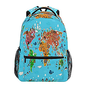 AUUXVA World Map Animals Symbol Kids Backpack for Boys Girls,Panda Fish Zebra 16 Inch School Backpack for Elementary Preschool Kindergarten Bookbags for Teens Children Women Men College Travel Bag
