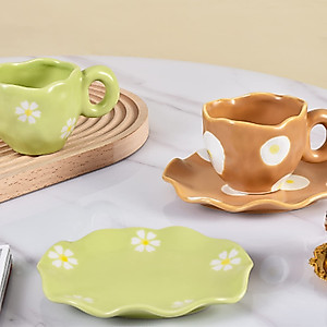 Koythin Ceramic Coffee Mug with Saucer Set, Cute Creative Daisy Cup Saucer for Office and Home, Dishwasher and Microwave Safe, 6.5 oz/200 ml for Latte Tea Milk (Green)