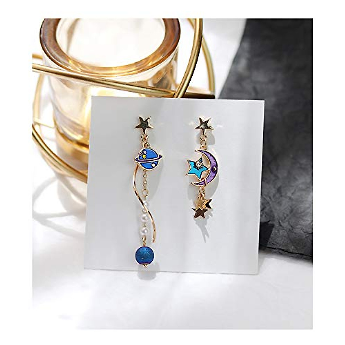Original Cloud Moon Planet Star Creative Long tassels Dangle Earrings 18K Gold Plated Asymmetrical AB Earrings For Women Girls (Style 4)