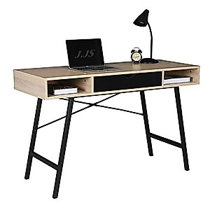 JJS 48" Home Office Writing Desk with Drawers, Modern Computer Study Wooden Desk Table Laptop PC Workstation with Storage, Mid Century Black