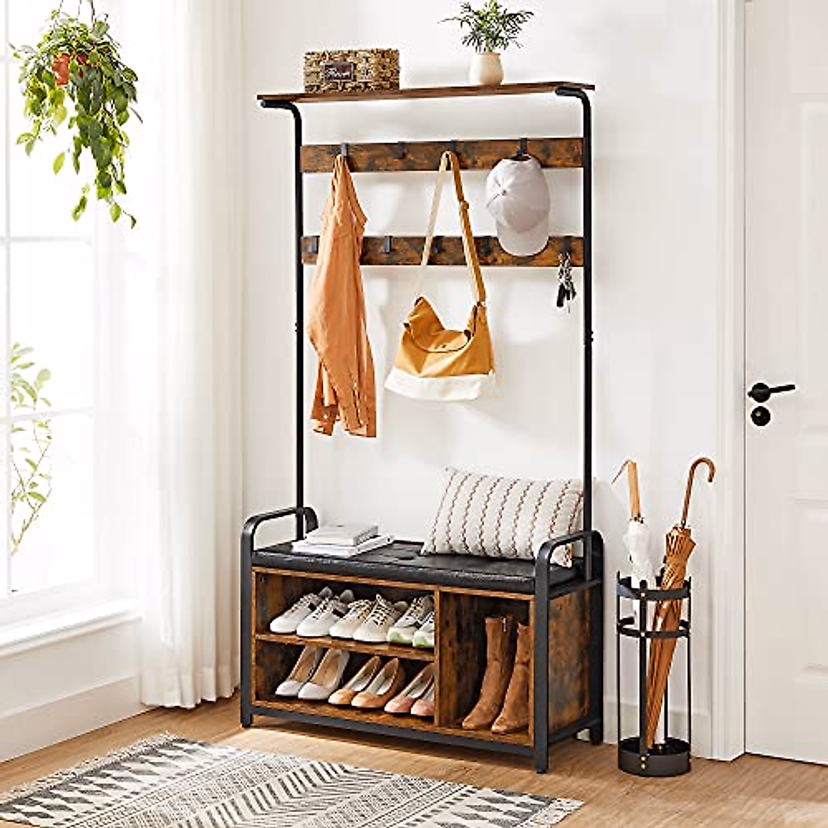 VASAGLE Hall Tree with Storage Bench, Entryway Storage with 9 Hooks, Coat Rack with Soft Bench, Shoe Rack, Steel Frame, Rustic Brown and Black UHSR099B01