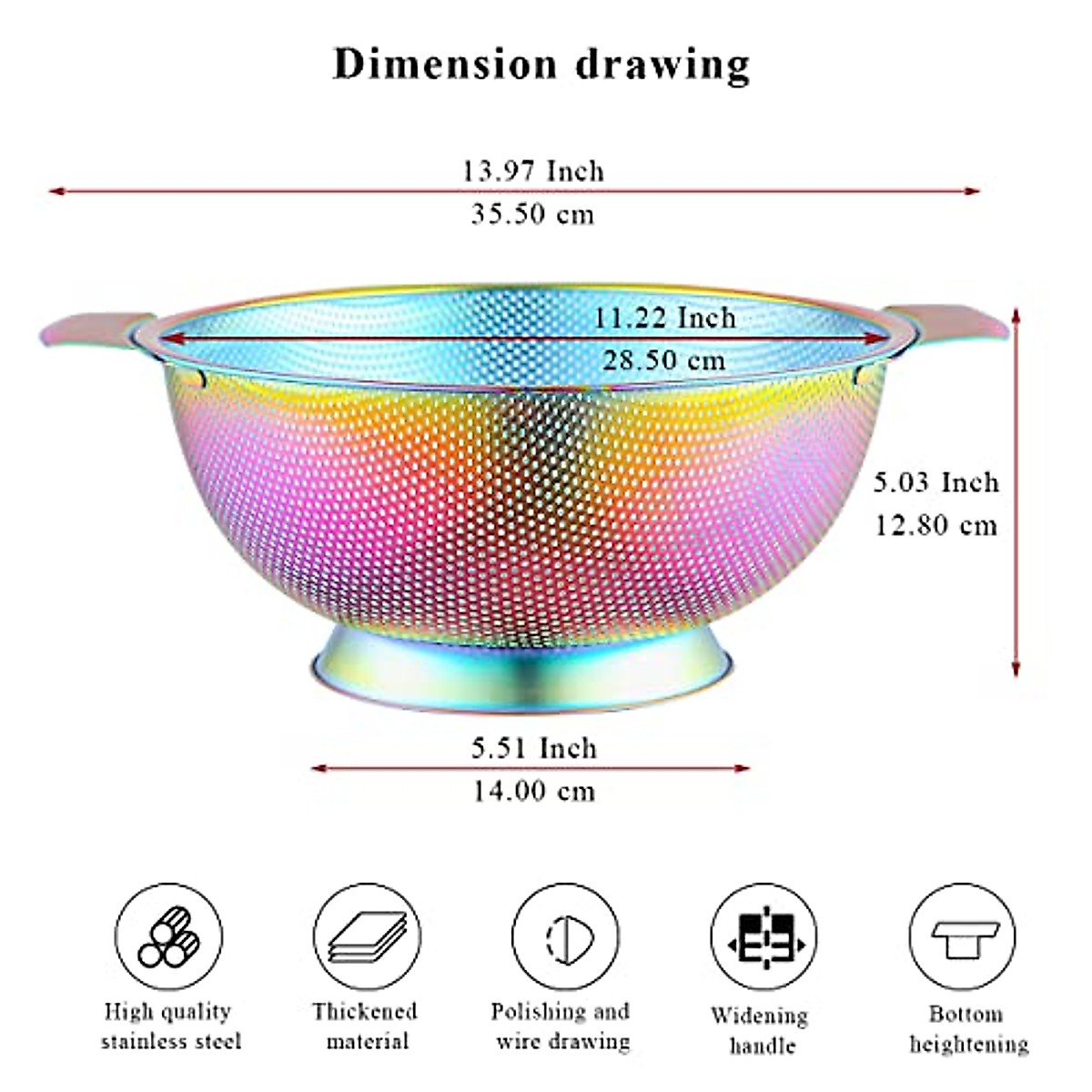 Kyraton Rainbow Colander 5 Quart, Professional Titanium Colorful Plating Stainless Steel Strainer with Heavy Duty Handles and Self Draining Solid Ring Base, Easy Clean and Dishwasher Safe