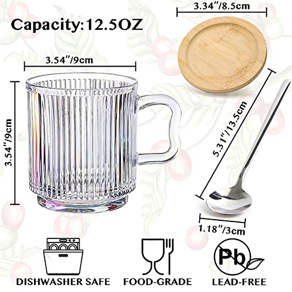 LETINE Iridescent Glass Coffee Mug with Lids (12.5 oz) - Insulated Coffee Mugs Tea Cup with an Espresso Spoon. Perfect for Latte, Cappuccino, Tea. Gift for Women & Men in Birthdays, Holidays