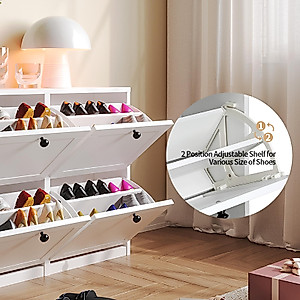 VOWNER Shoe Cabinet with 4 Flip Drawers, Freestanding Shoe Storage Cabinet with Adjustable Shelf & Anti-Tipping Device, Shoe Rack for Entryway, Hallway, Living Room (White)