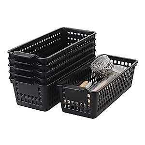 Easymanie Slim Plastic Storage Baskets, Black, 6 Packs