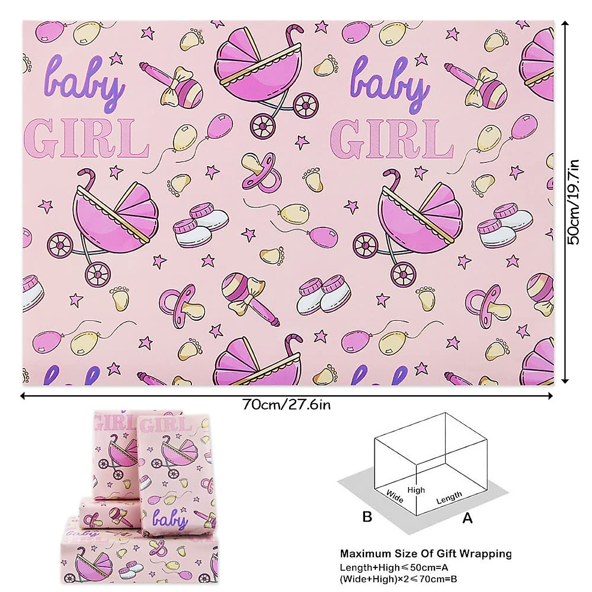 Baby Girl Birthday Wrapping Paper For Kids Girls, Stroller Baby Socks Nipple Balloons Designs Gift Wrap Paper for Birthday or Baby Shower, 4 Sheets Pink Paper Folded Flat 20x28 Inches Per Sheet