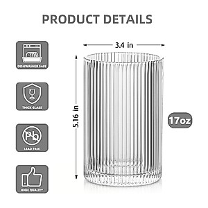 INSETLAN 17oz Ribbed Glassware Set of 4, Glass Cups Large Vintage Glassware Set, Origami Style Cocktail Glasses, Ideal for Beer, Juice, Water, Ice Coffee Cup, Whiskey