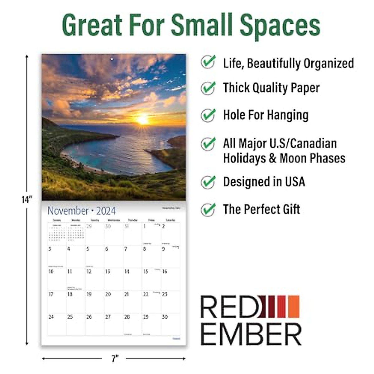 Small Spaces Mini Wall Calendar - Untamed & Beautiful Hawaii 2024 Hangable Monthly by Red Ember | Only 7" x 14" Open | Thick & Sturdy Paper | Giftable | Beach Nature Travel | Your Daily Hawaiian