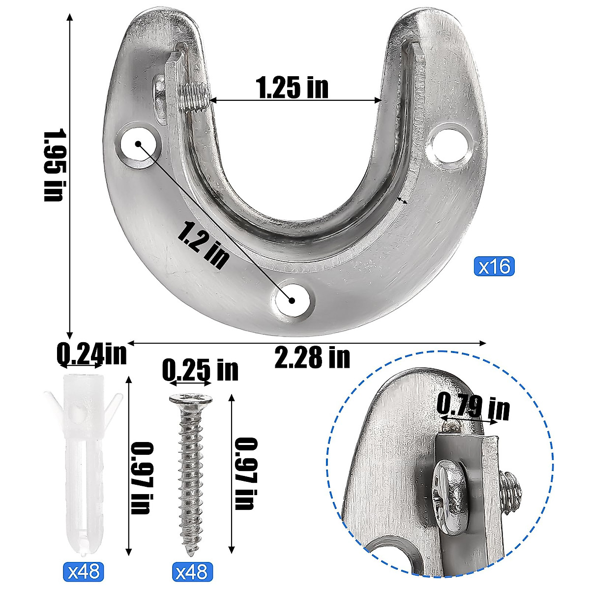 Coloch 16 Pack Stainless Steel Closet Pole Sockets, 1-1/4 Inch Closet Rod Support U-Shaped Curtain Rod Holders Flange Set Rod Holder with Screws