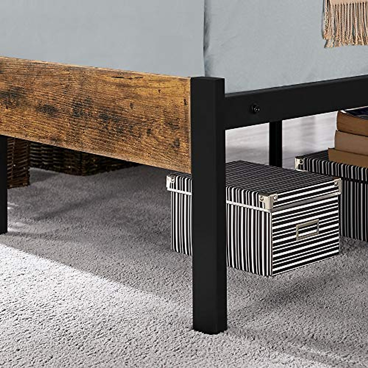 Yaheetech Metal Platform Bed Frame Queen with Wood Headboard and Iron Slats, Rustic Country Bed Base with Mattress Foundation/Strong Slats Support/12 Inch Underbed Storage/No Box Spring Needed, Brown