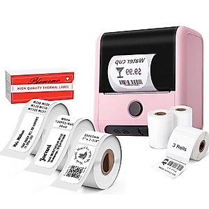 Memoking M200 Label Maker Set with 3 Rolls 1" x 2-5/8" Thermal Label, 3 Inch Barcode Label Printer, Sticker Maker Machine for Labeling, Mailing, Home, Office & Small Business, for Phones&PC-Pink