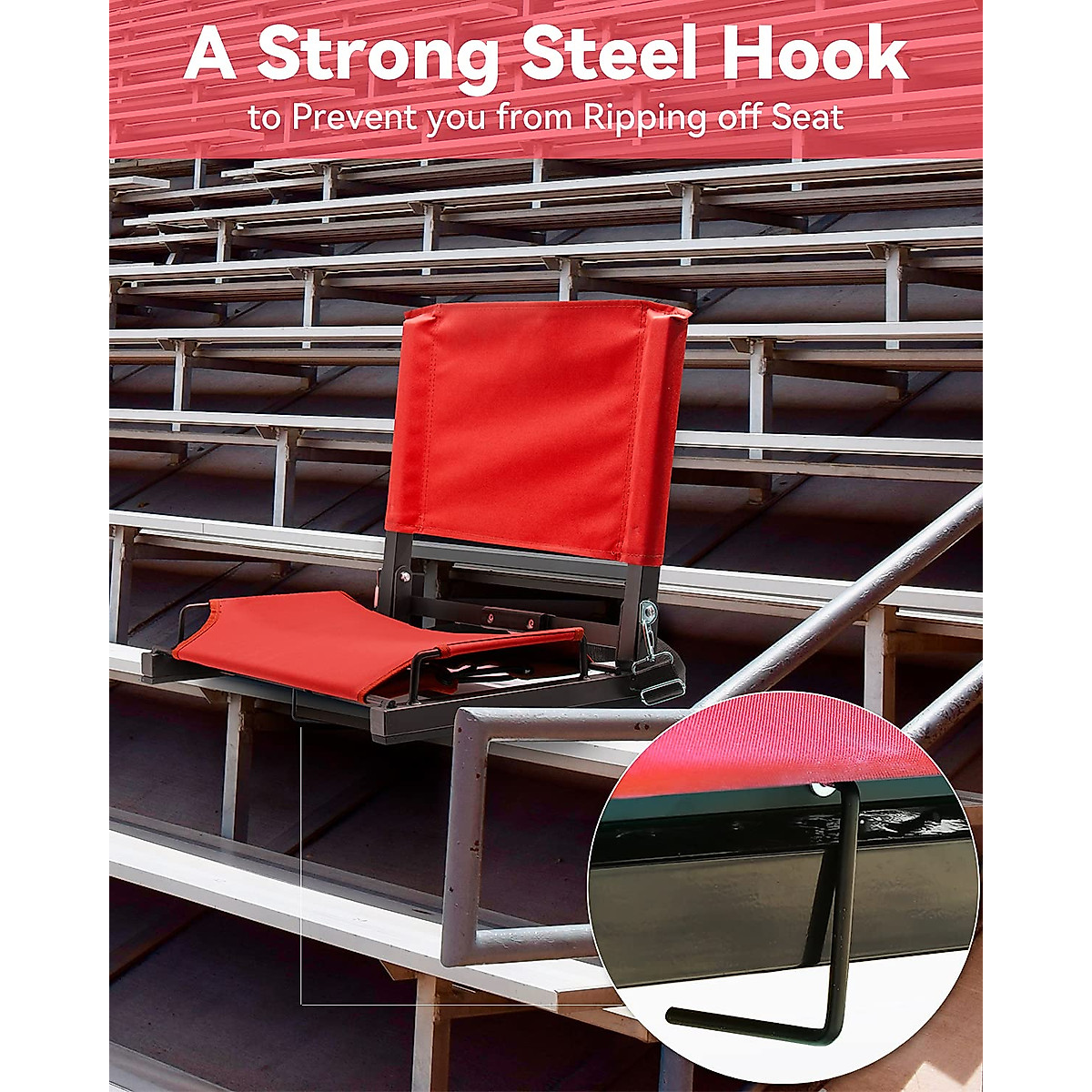 Ohuhu Stadium Seats with Back Support Bleacher Chairs with Backrest Portable Bleacher Seat with Shoulder Straps and Hook for Sports Events Baseball Soccer Kayak Boat, Red