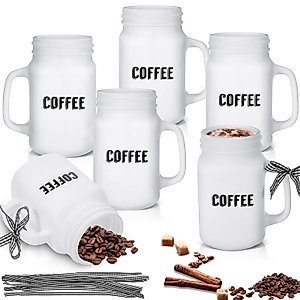 Dandat 6 Set of Matte White Mason Jar Coffee Cups 16 oz Farmhouse Mason Jar Mugs with Handles Coffee Drinking Glasses with Ribbon for Cold Coffee Beverages Cocktails Sodas Juice Decoration Storage