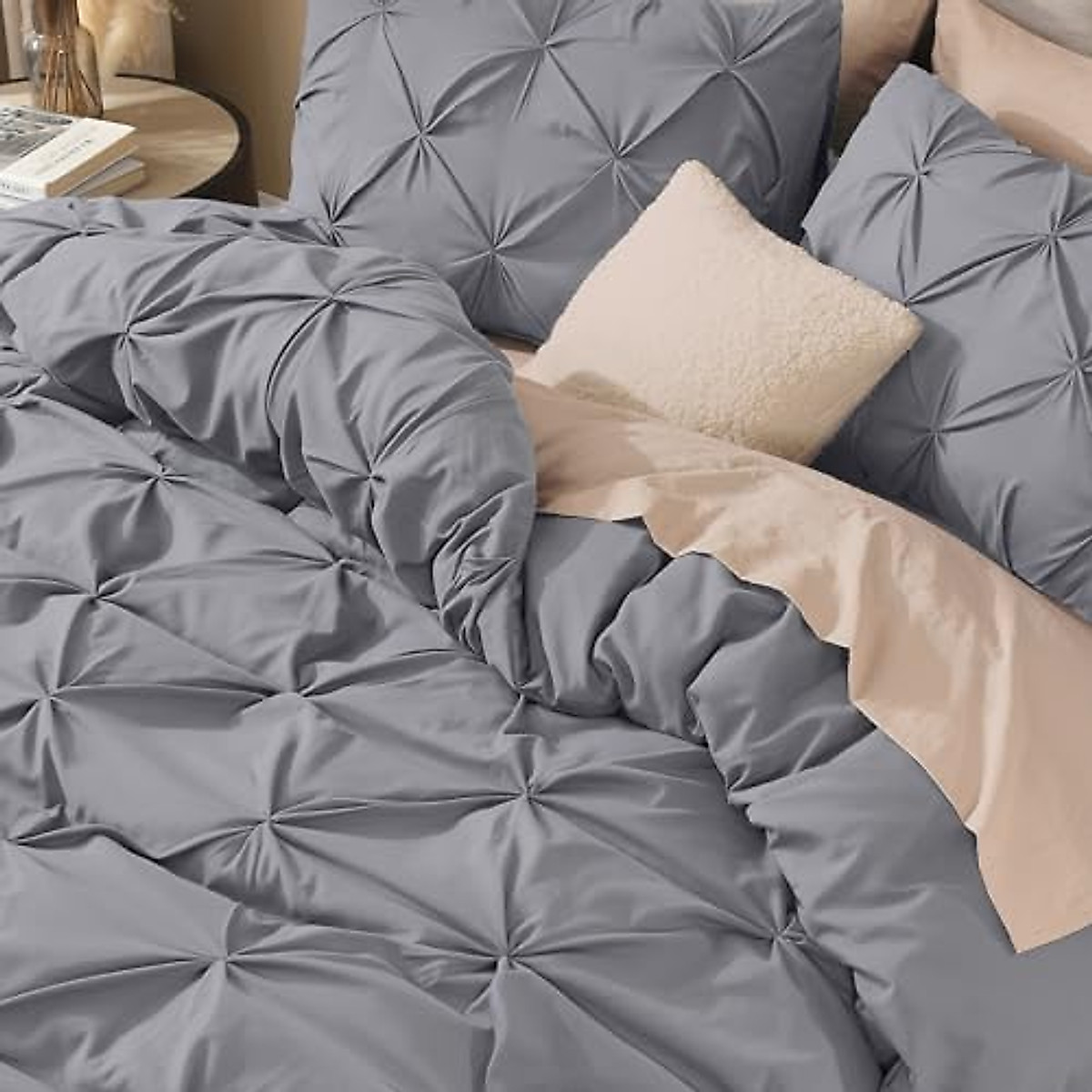 Litanika Queen Grey Pinch Pleat Duvet Cover, 3 Pieces Pintuck Cover Soft Microfiber Bedding Set with Zipper Closure & Corner Ties(104x90Inch-1 Duvet Cover, 2 Pillowcases)