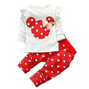 Cute Toddler Baby Girls Clothes Set Long Sleeve T-Shirt and Pants Kids 2pcs Outfits(White+Red,2T)