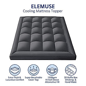 ELEMUSE Cooling Queen Mattress Topper, Extra Thick Mattress Pad Cover, Plush Pillow Top with Baffle Box Design, Soft Down Alternative Fill, Back Pain Relief, Hotel Feeling，Grey