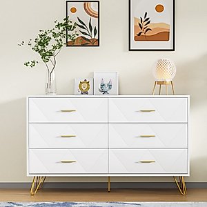 CARPETNAL White Dresser, Modern Dresser for Bedroom, 6 Drawer Double with Wide Drawers and Metal Handles, Wood Dressers & Chest of Hallway, Entryway.