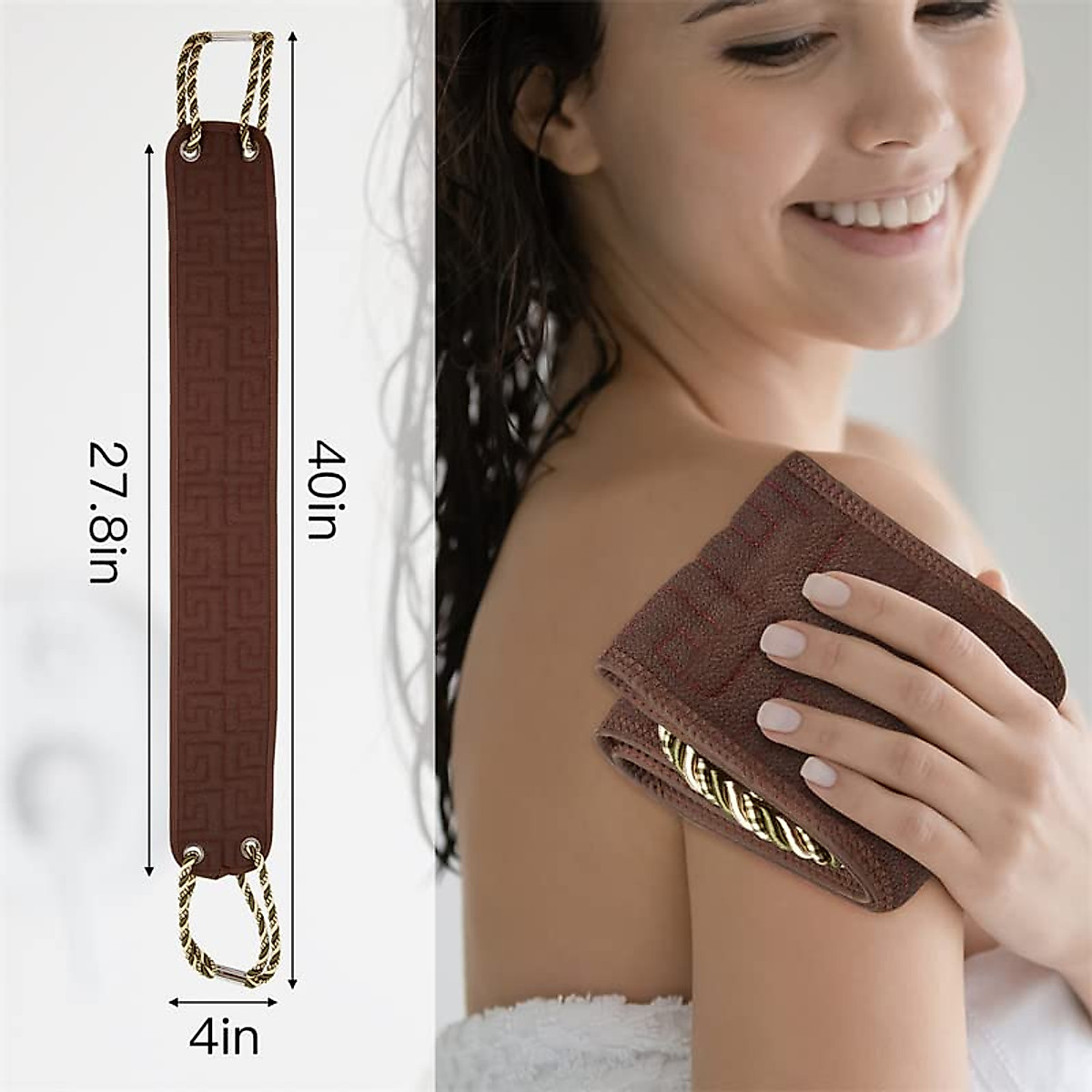 Exfoliating Back Scrubber for Shower, Enhanced Handle, Extra Long Bath Brush Towel, Back Skin Mud Rubbing Artifact, Double-Sided Design (Brown)