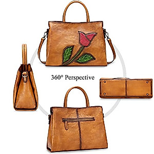 CHERISH KISS Soft Genuine Leather Satchel Bags for Women Purses and Handbags Vintage Embossed Floral Shoulder Bag(K7 Brown)